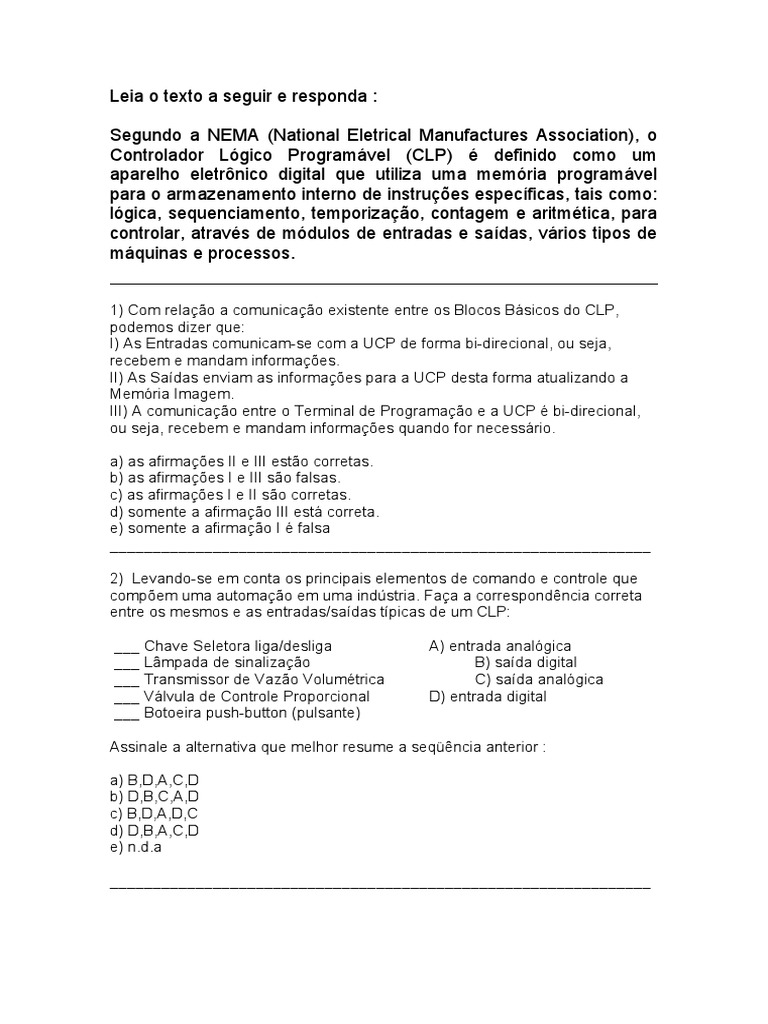 Atividade CLP 1 | PDF | Controlador lógico programável | Armazenamento ... Atividade CLP 1 | PDF | Controlador lógico programável | Armazenamento ...