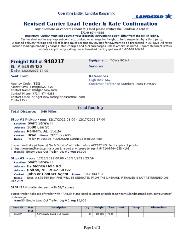 Revised Carrier Load Tender & Rates | PDF | Cargo | Supply Chain Management
