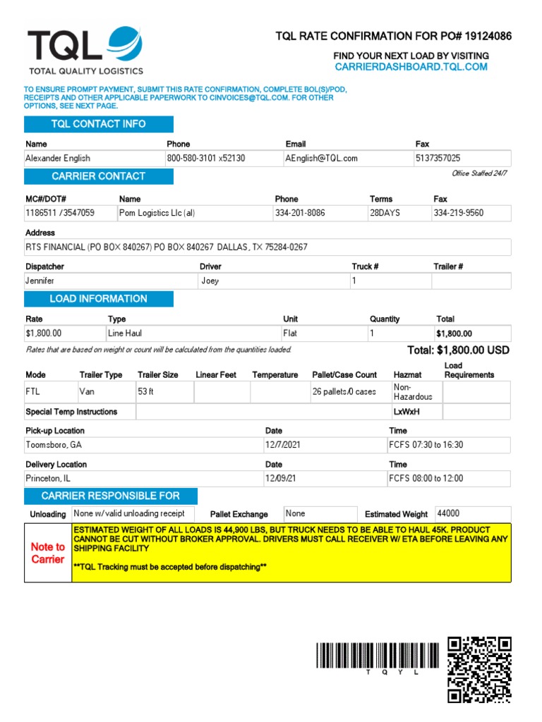 Carrier Rate Confirmation | PDF