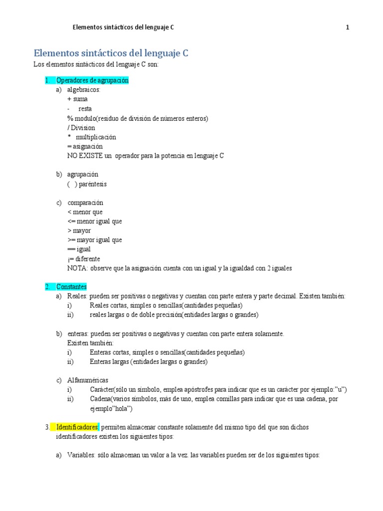 Elementos Sintácticos del Lenguaje C | PDF | Informática