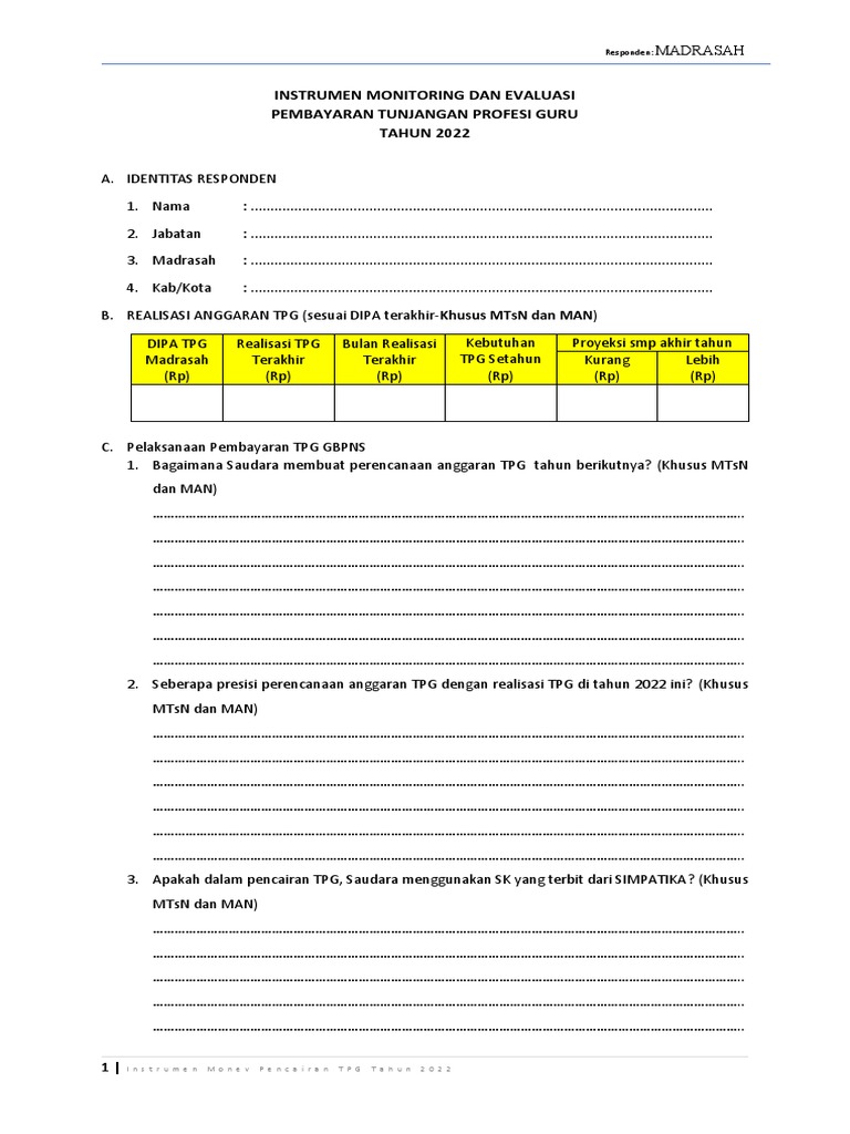 Instrumen Monev TPG 2022 - Madrasah | PDF