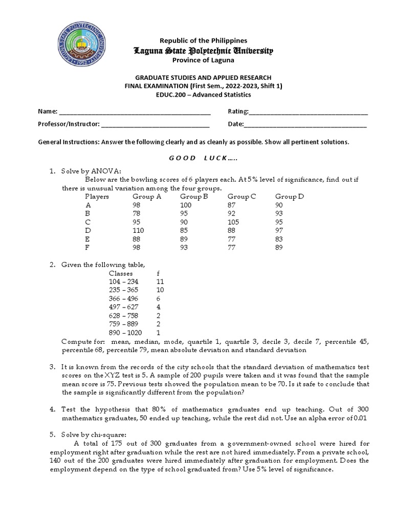Final Examination in Advanced Stat | PDF | Percentile | Standard Deviation