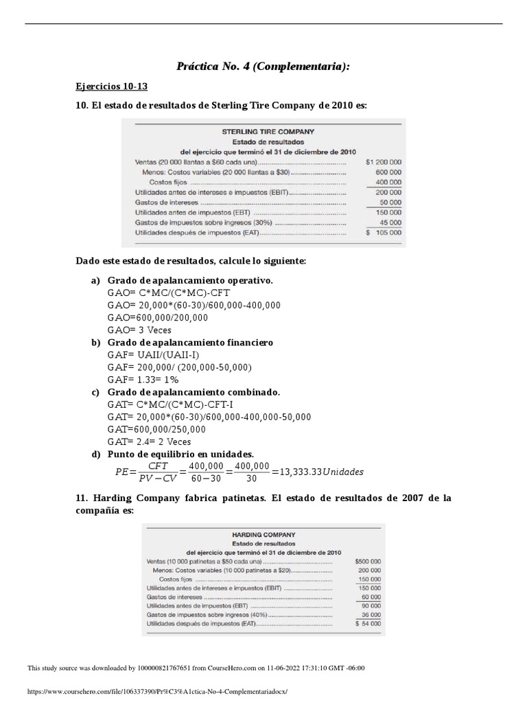 PR Ctica No 4 Complementaria | PDF | Apalancamiento (Finanzas) | Indicadores económicos
