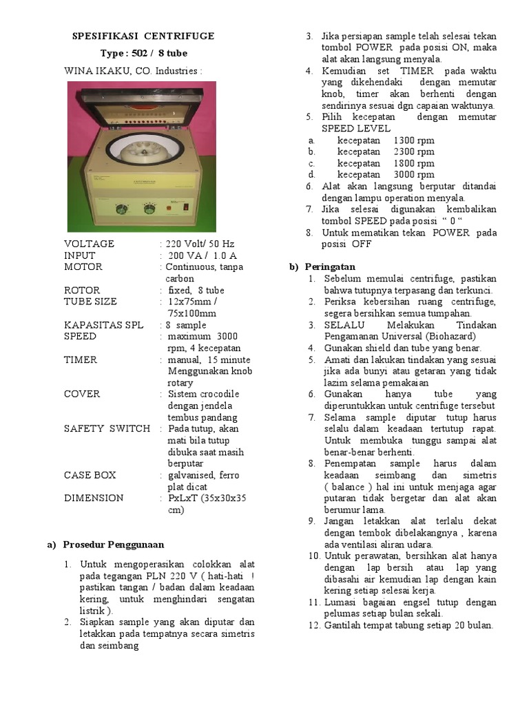 CENTRIFUGE Wina Type 502 | PDF
