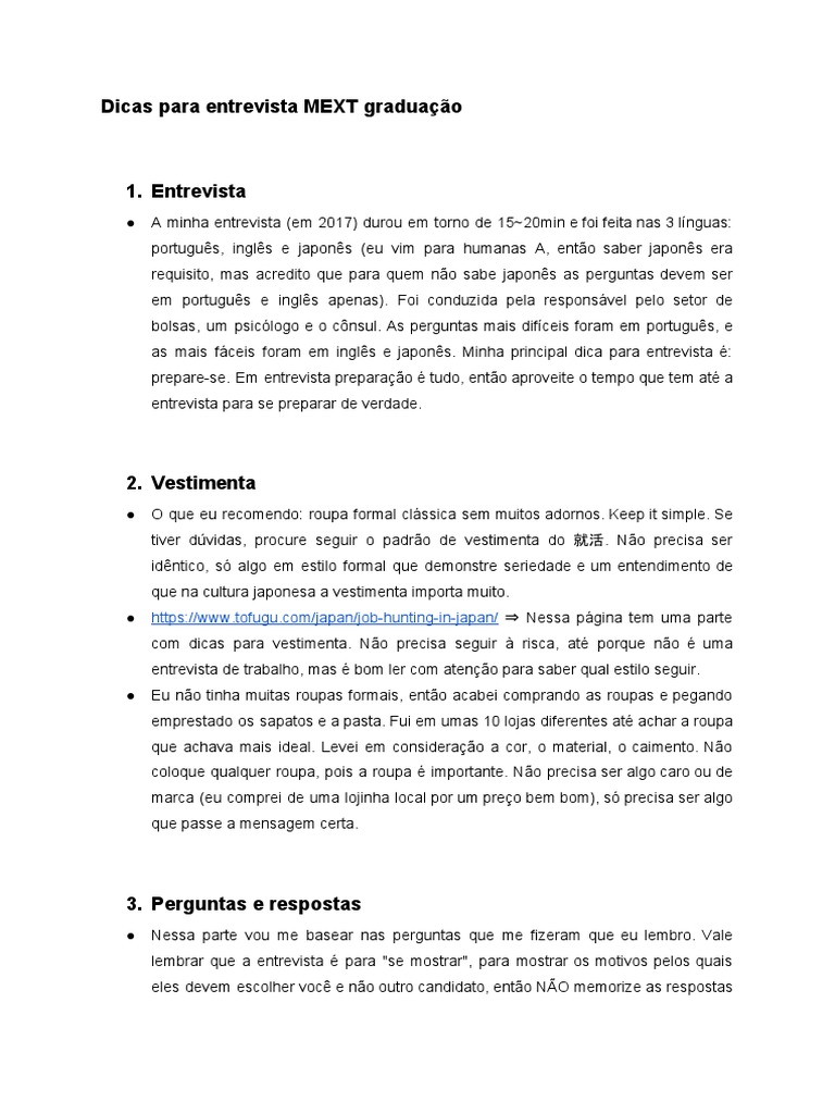 Guias para Entrevista MEXT Graduacao | Download grátis PDF | Entrevista | Japão