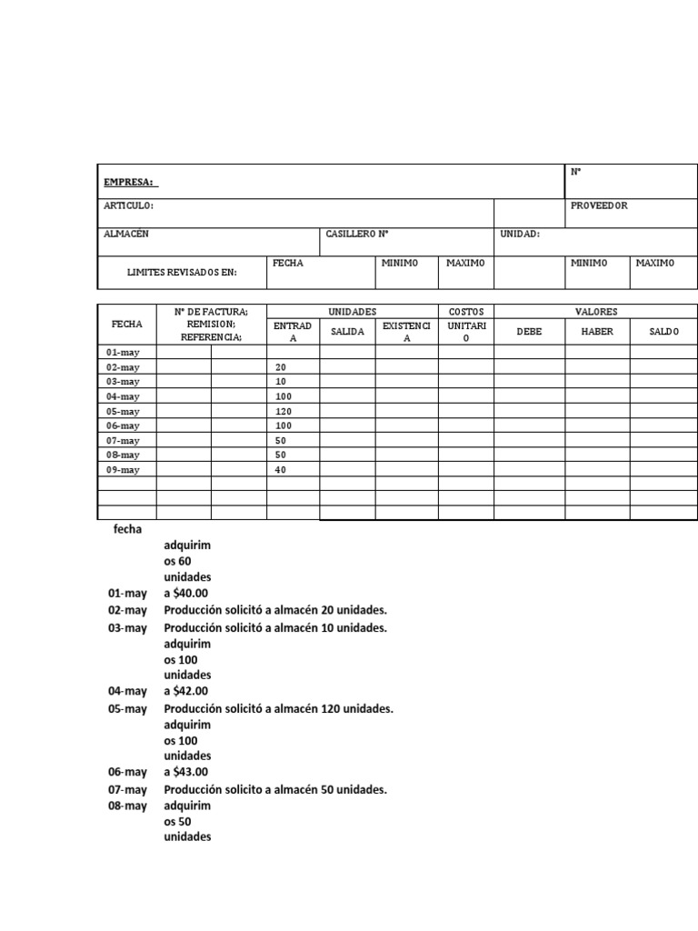 Ejercicio de Tarjetas de Almacen | PDF