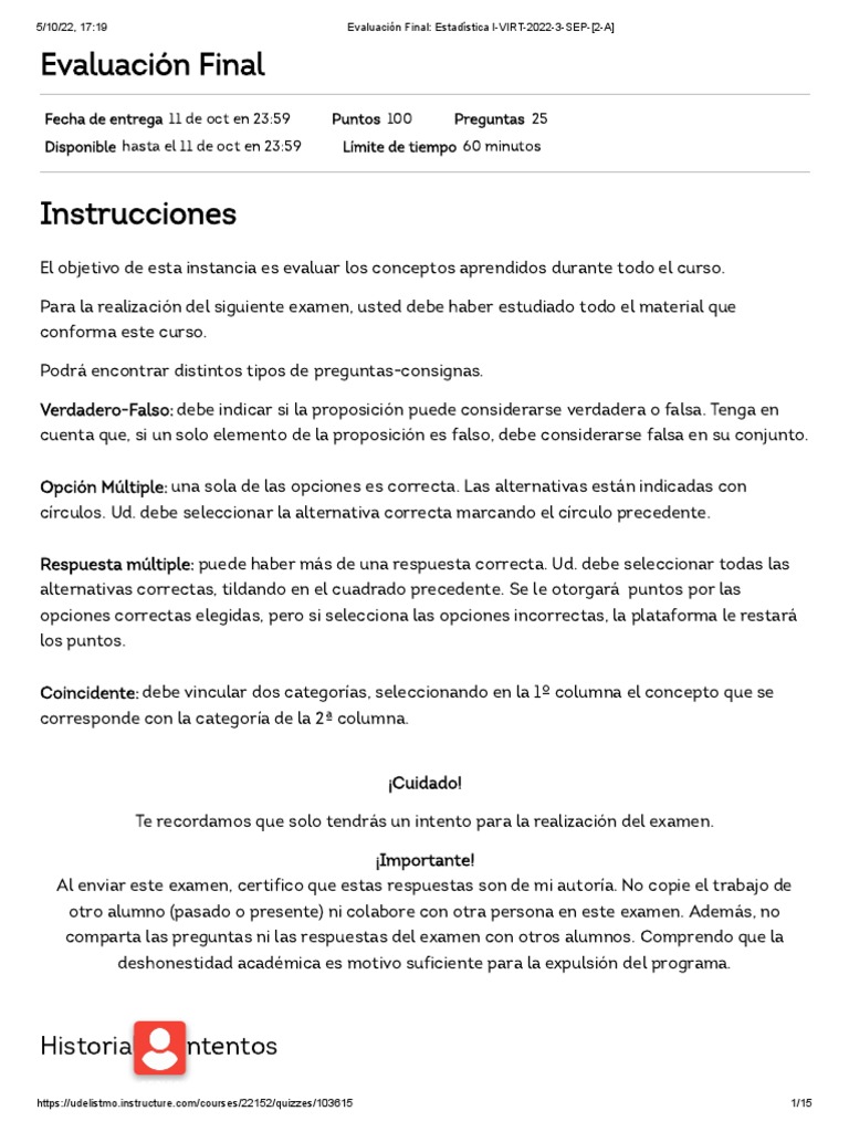 Evaluaci N Final Estad Stica I VIRT 2022 3 SEP 2 A PDF | PDF | Estadísticas | Prueba (evaluación)