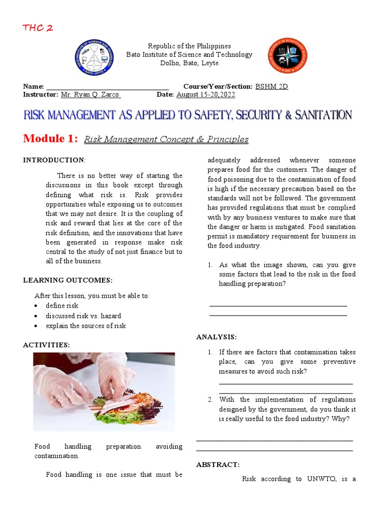 THC 2 Module 1 - Risk Management Concept & Principles | PDF | Risk | Hazards