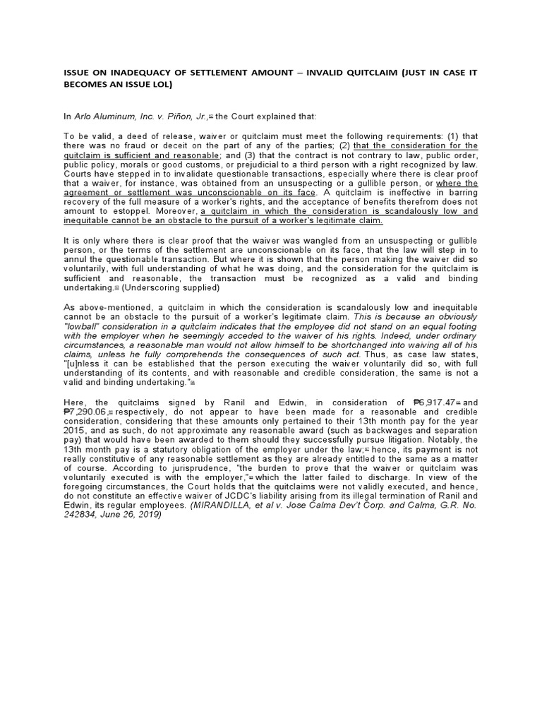 Inadequate Settlement | PDF | Consideration | Employment