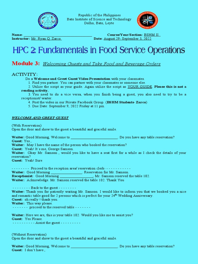 Welcome and Greet The Guest Activity | PDF