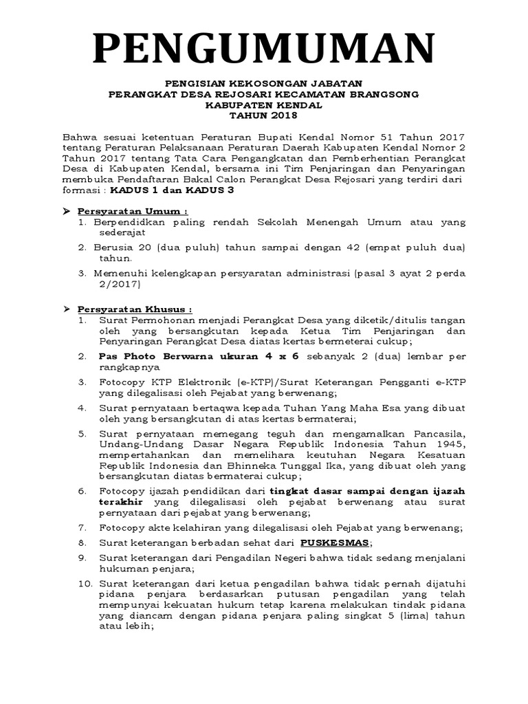 Pengumuman Pengisian Kekosongan Jabatan Perangkat Desa | PDF Pengumuman Pengisian Kekosongan Jabatan Perangkat Desa | PDF