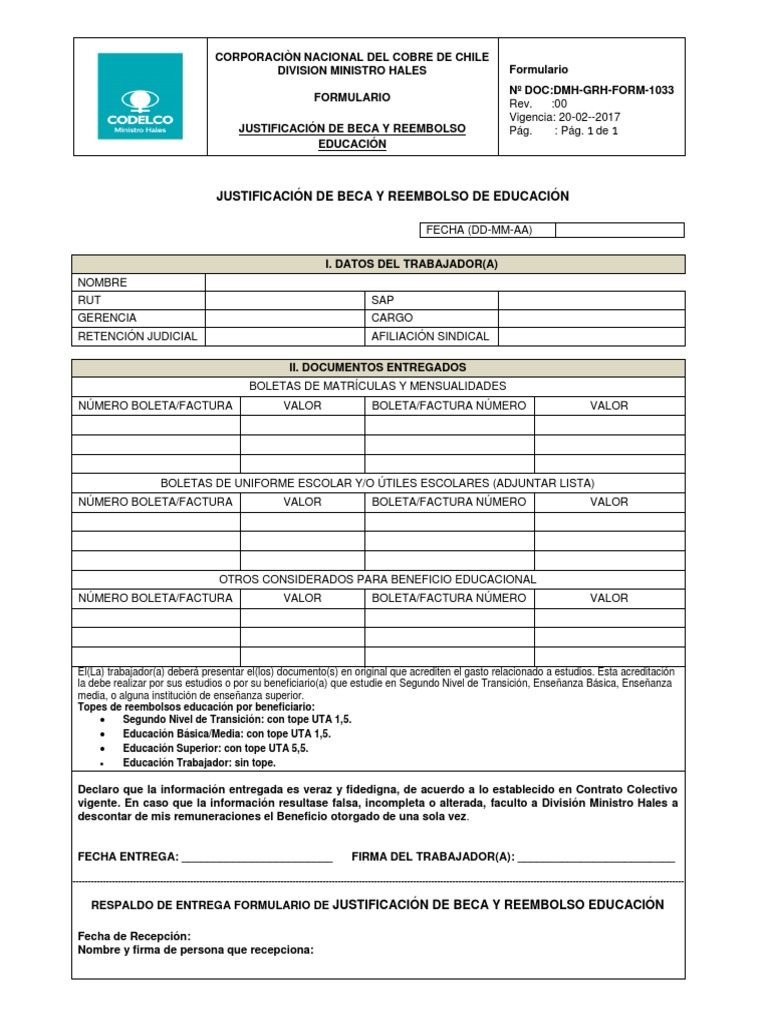 DMH-GRH-FORM 1033 Formulario Justificación de Beca y Reembolso de ...