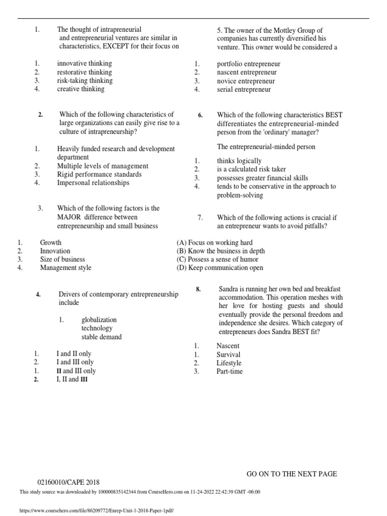 Enrep Unit 1 2018 Paper 1 PDF | PDF