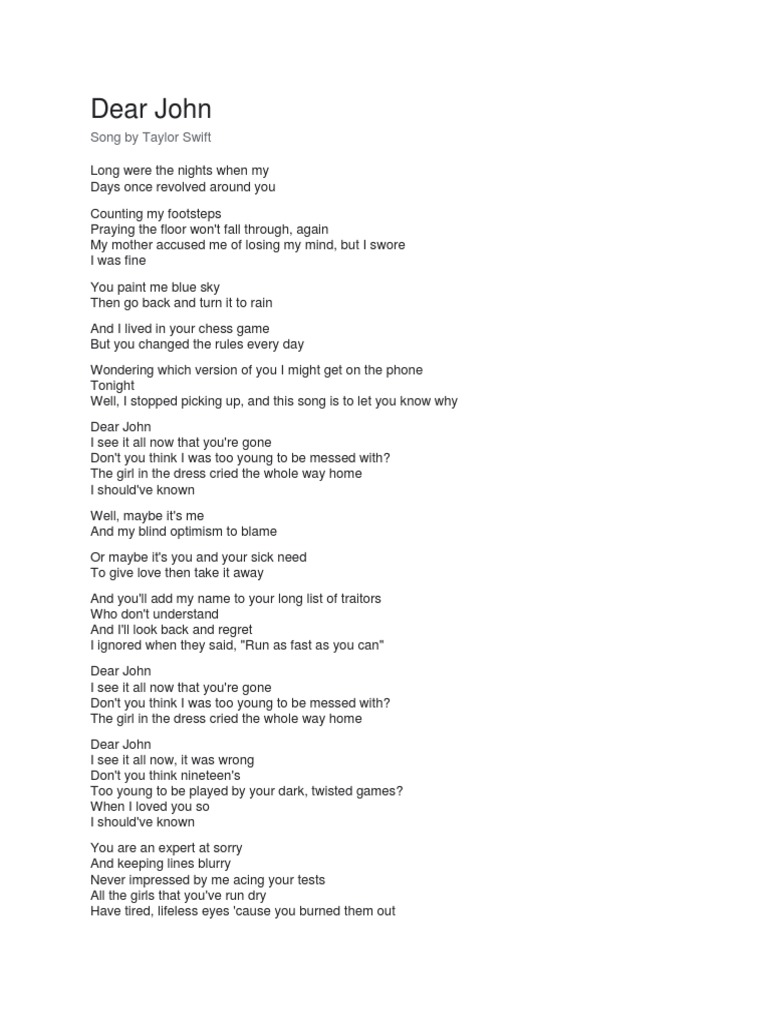 Taylor Swift Dear John Song Lyrics | PDF