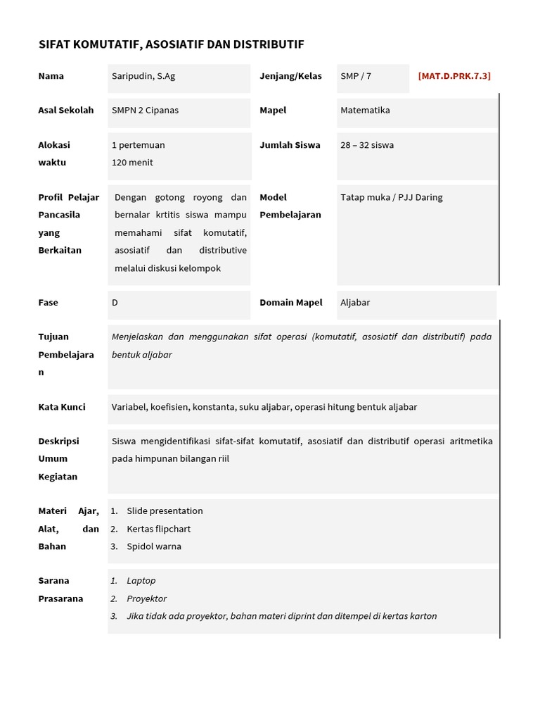 Final Ma - Sifat Komutatif, Asosiatif Dan Distributif Vii | PDF