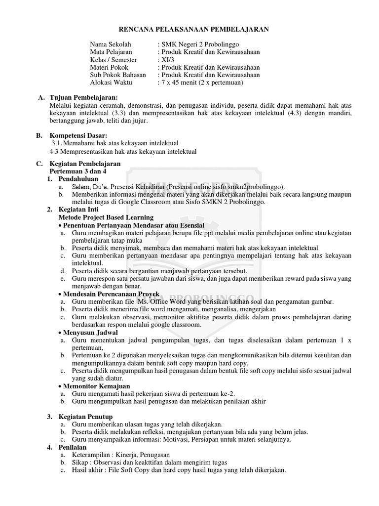 3.2 RPP MAPEL Produk Kreatif Dan Kewirausahaan | PDF | Karier ...