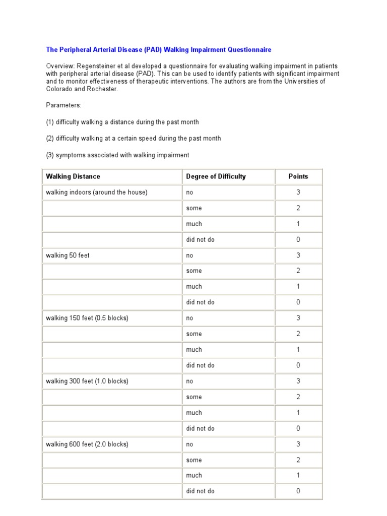 Peripheral Arterial Disease (PAD) Walking Impairment Questionnaire ...