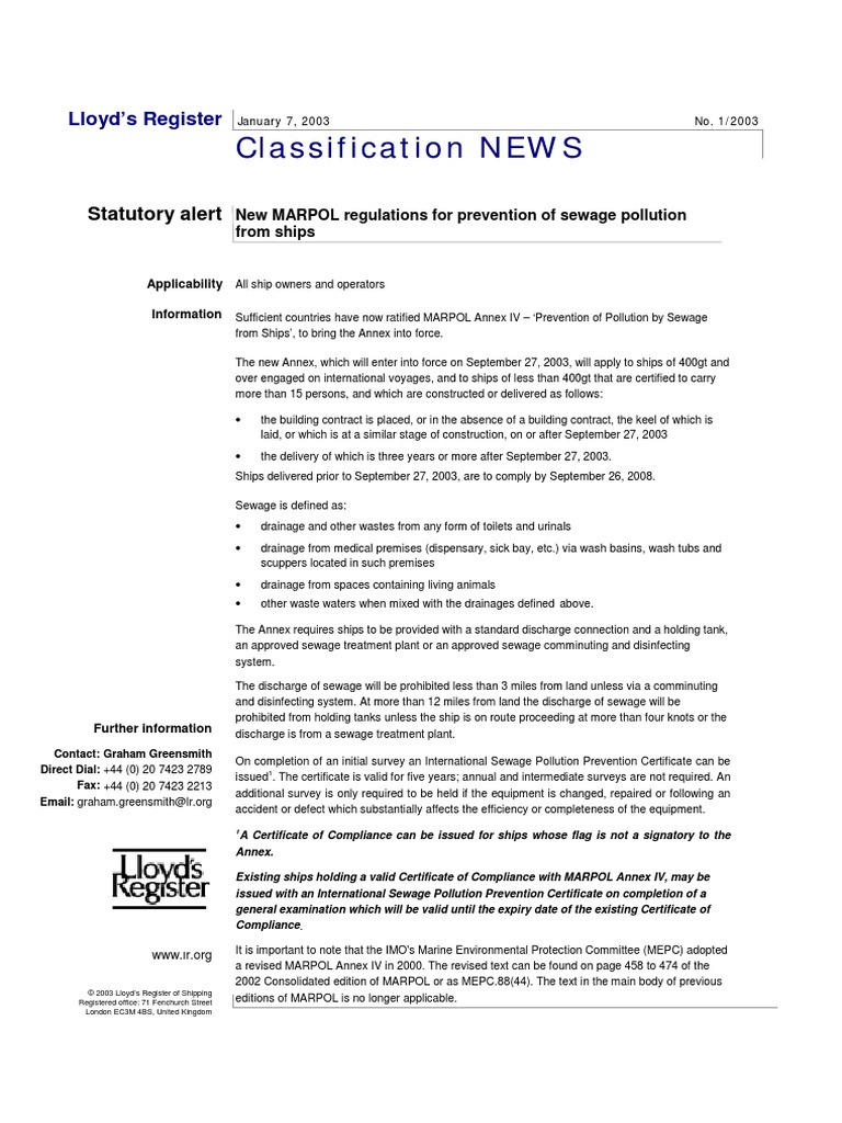 Marpol New Reg For Sewage On Ships-2003 | PDF | Sewage Treatment ...
