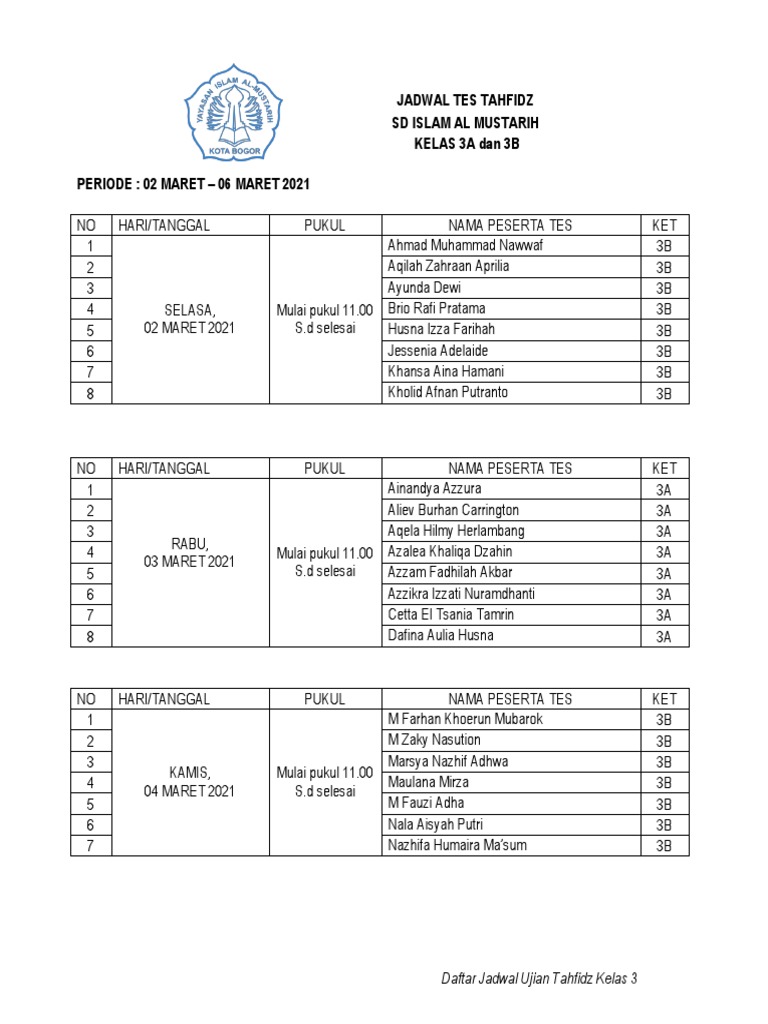 JADWAL TES TAHFIDZ KELAS 3A Dan 3B SMT 2 | PDF