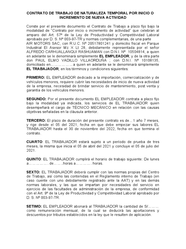 Contrato de Trabajo Por Inicio de Nueva Actividad | PDF | Derecho laboral | Personal