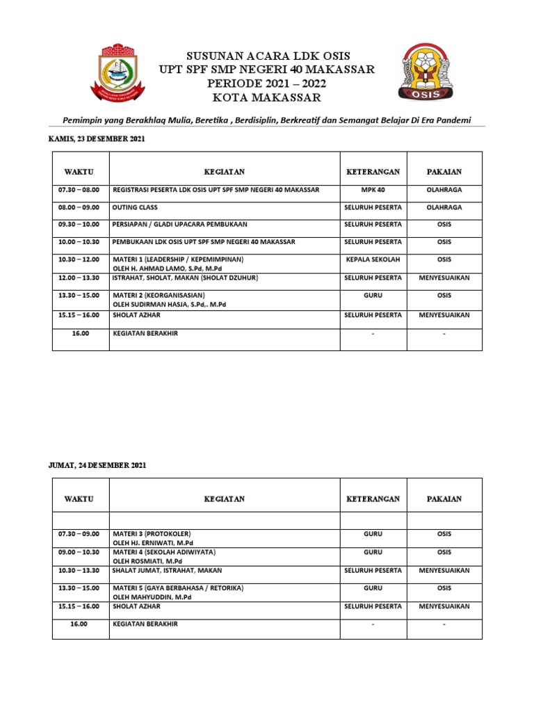 Susunan Acara LDK OSIS SMP 2021 | PDF