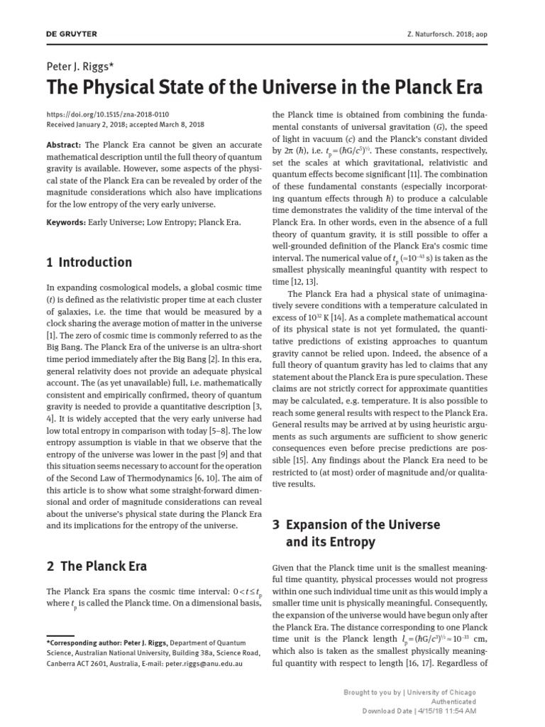 The Physical State of The Universe in The Planck Era. Zeitschrift Für ...