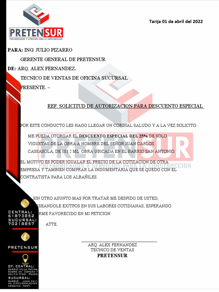 Carta de Solicitud de Descuento Especial | PDF