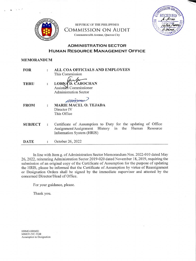 Certificate of Assumption To Duty For The Updating of Office Assignment in The HRIS - 0001 ...