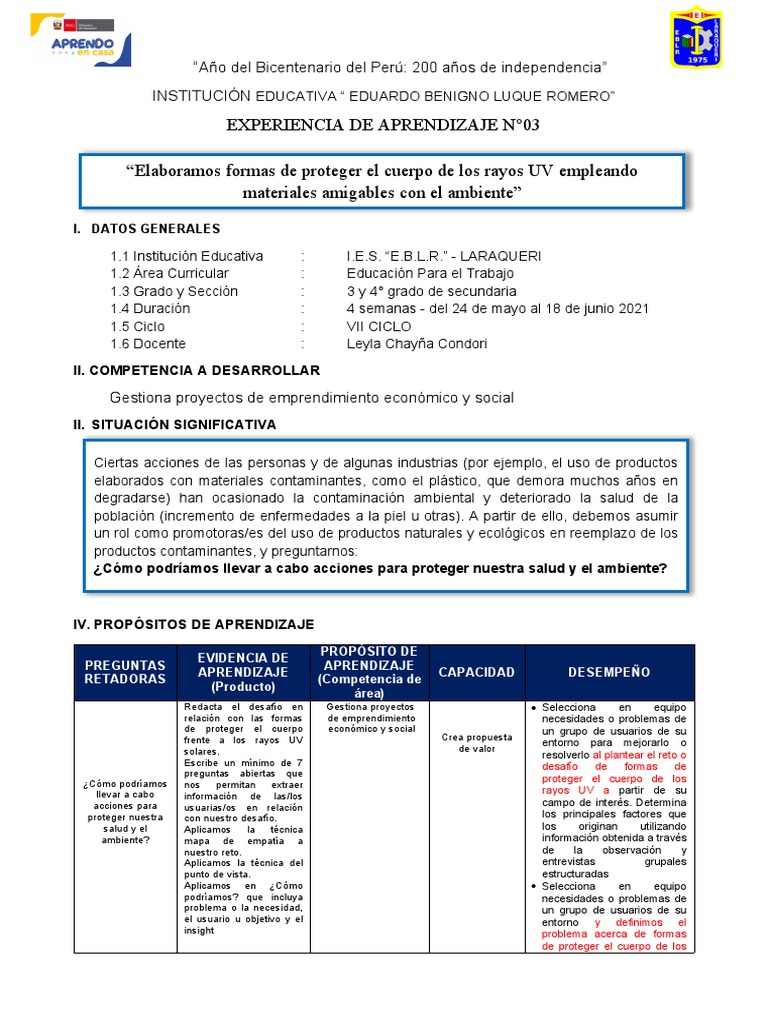 Experiencia de Aprendizaje III - Ept 3 y 4 Grado | PDF