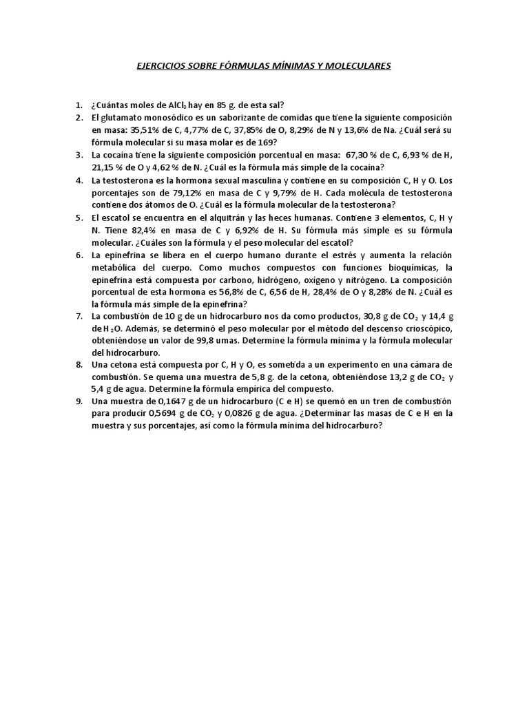 Ejercicios Sobre Fórmulas Mínimas y Moleculares | PDF
