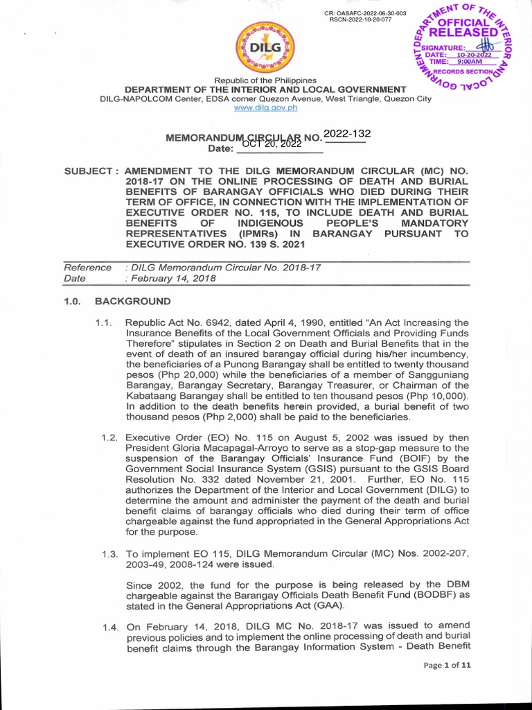 Dilg Memorandum Circular 2022-132 | PDF
