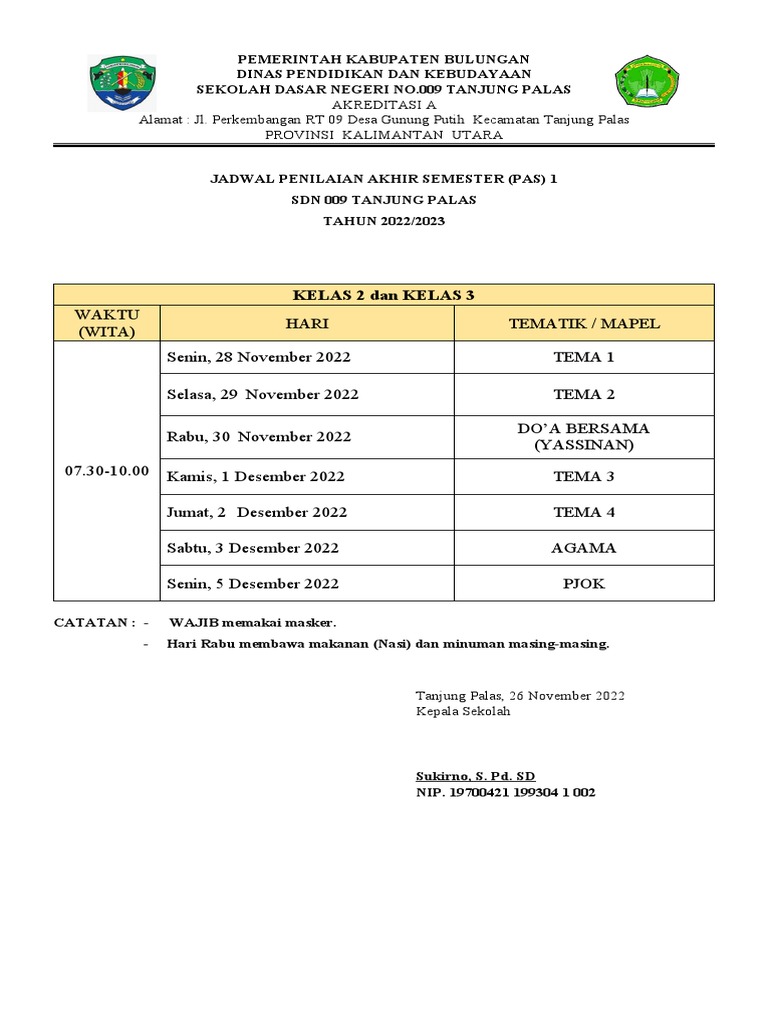 Jadwal Ulangan Semester 1 2022 - 2023 | PDF