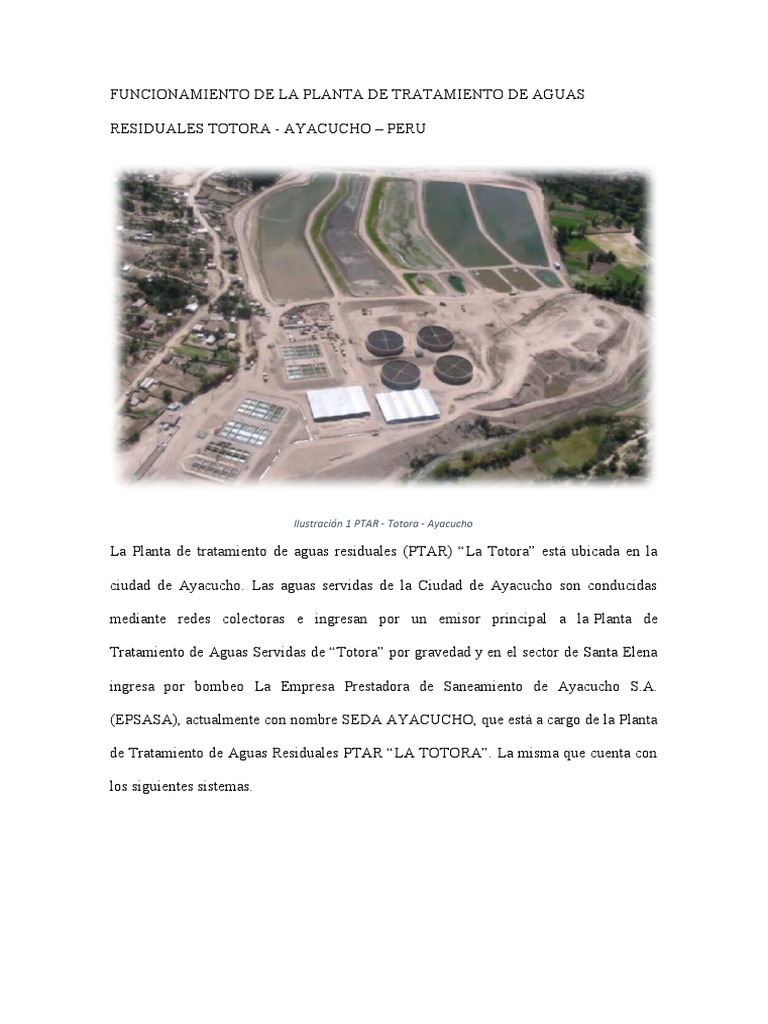 Funcionamiento de La Planta de Tratamiento de Aguas Residuales Totora Doc Frisancho | PDF ...