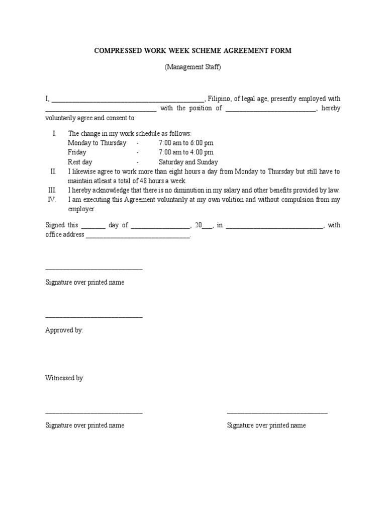 Compressed Work Week Scheme Agreement Form (MGT Staff and R and F) | PDF | Labor | Employment