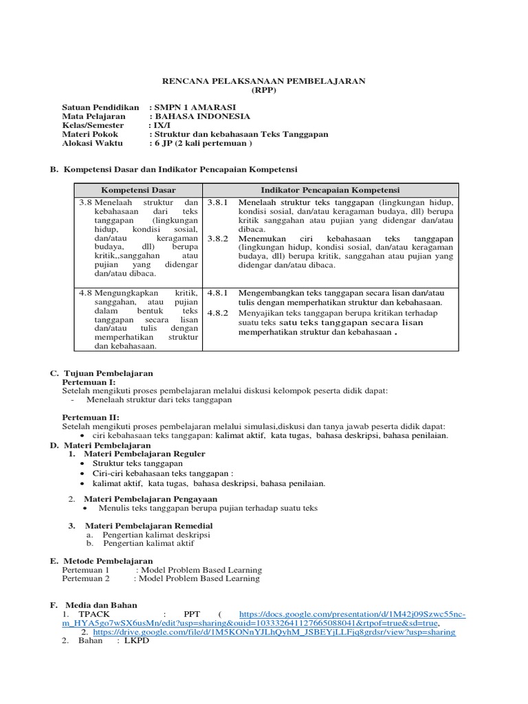 RPP Teks Tanggapan | PDF