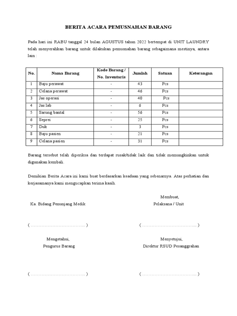 Berita Acara Pemusnahan Barang | PDF