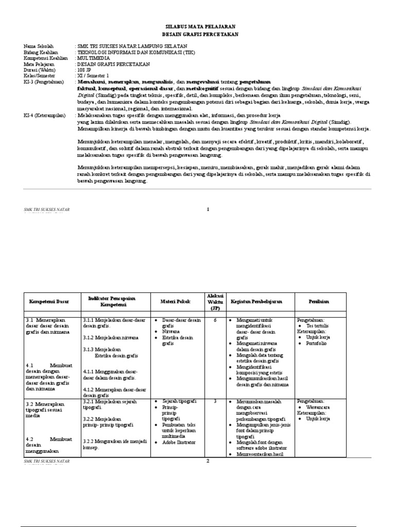 Silabus Kelas Xi Semester 1 2 Desain Grafis Percetakan - Compress | PDF