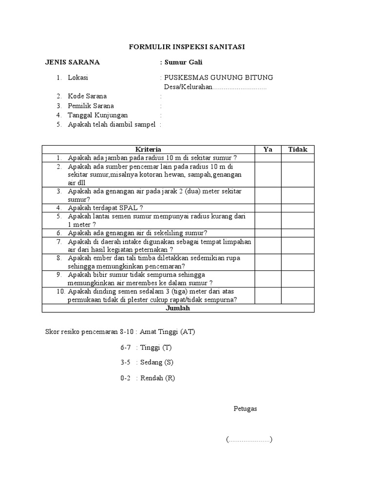 Formulir Inspeksi Sanitasi Saluran Air Bersih (Sab) | PDF