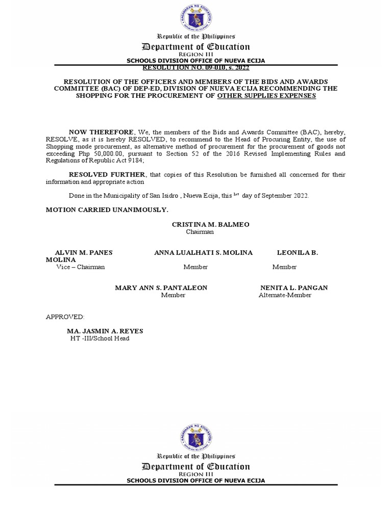 BAC Procurement Resolutions 2022 | PDF