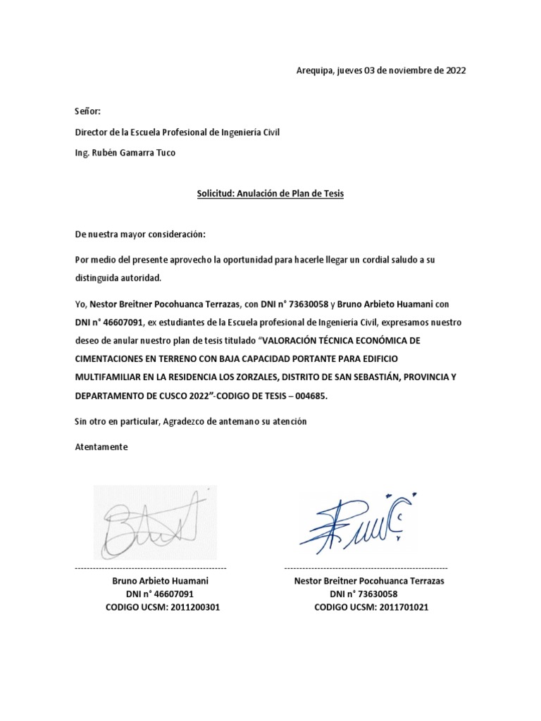 Solicitud de Anulacion de Plan de Tesis | PDF