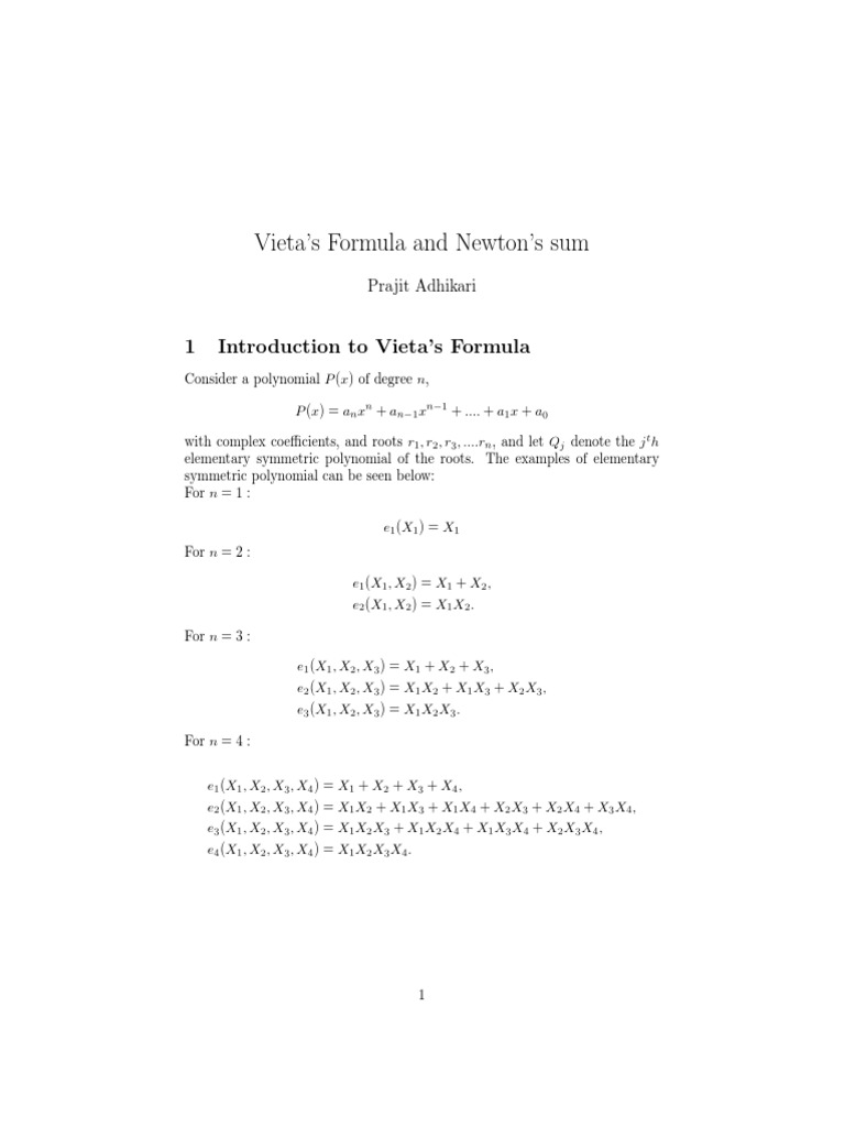 Newtons Sum and Vietas Formula | PDF | Polynomial | Elementary Mathematics