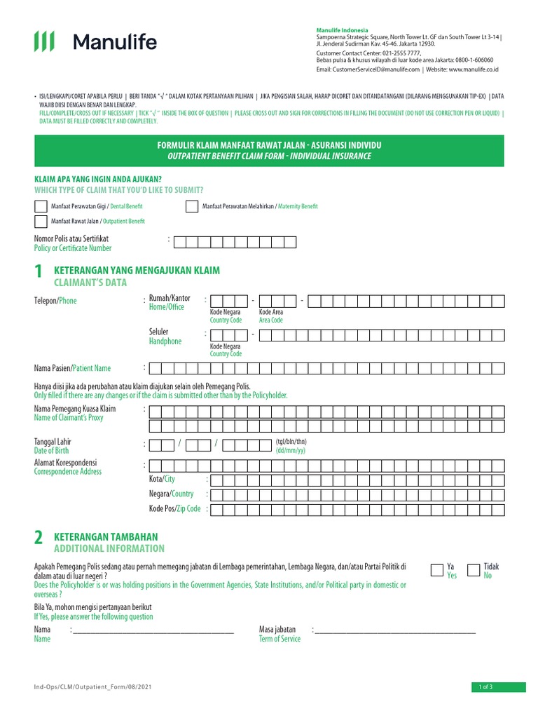 Formulir Klaim Rawat Jalan Manfaat Melahirkan - Asuransi Individu | PDF