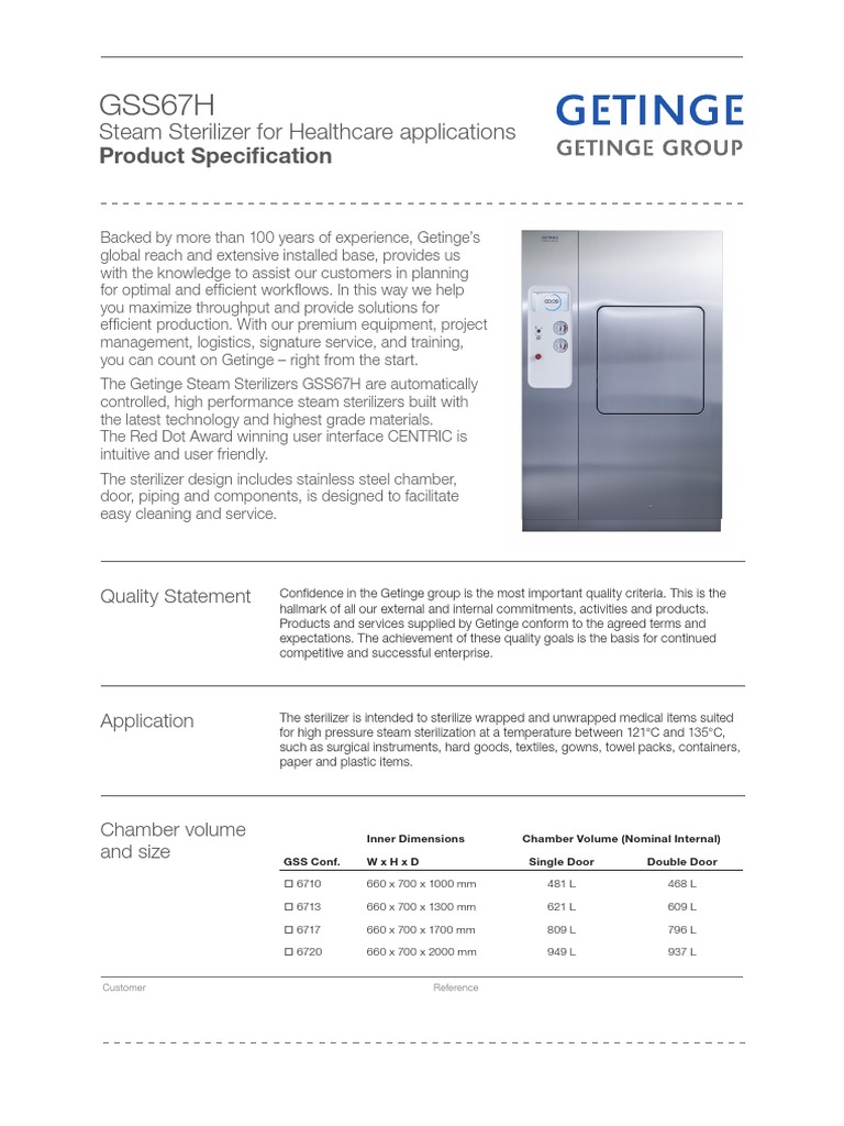 GETINGE GSS67H PROD SPEC 141024 Rev01 | PDF