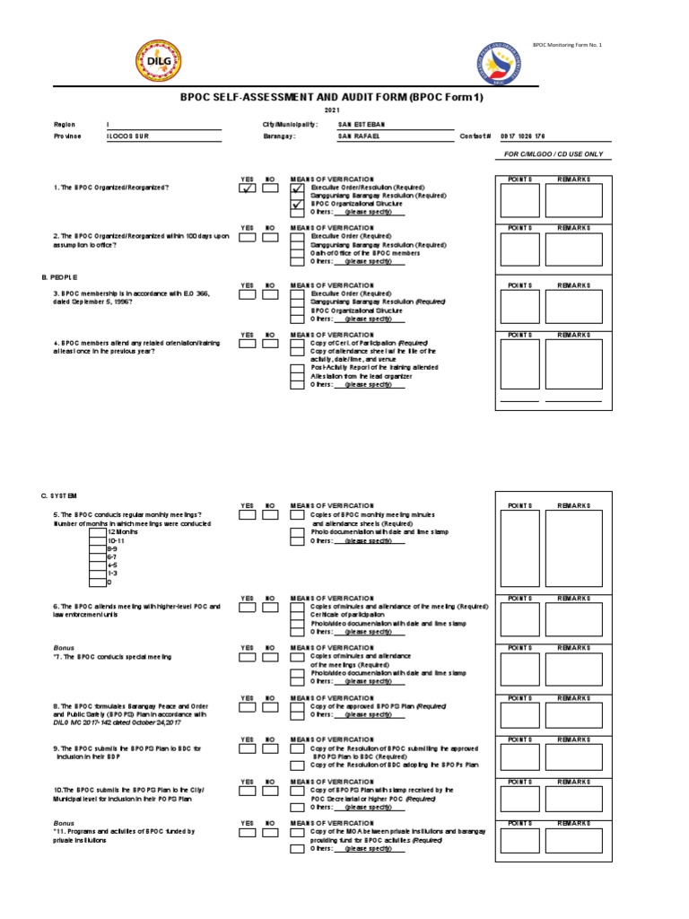 Annex2 Bpoc Self Assessment and Audit Form Bpoc Form 1 Cy | PDF