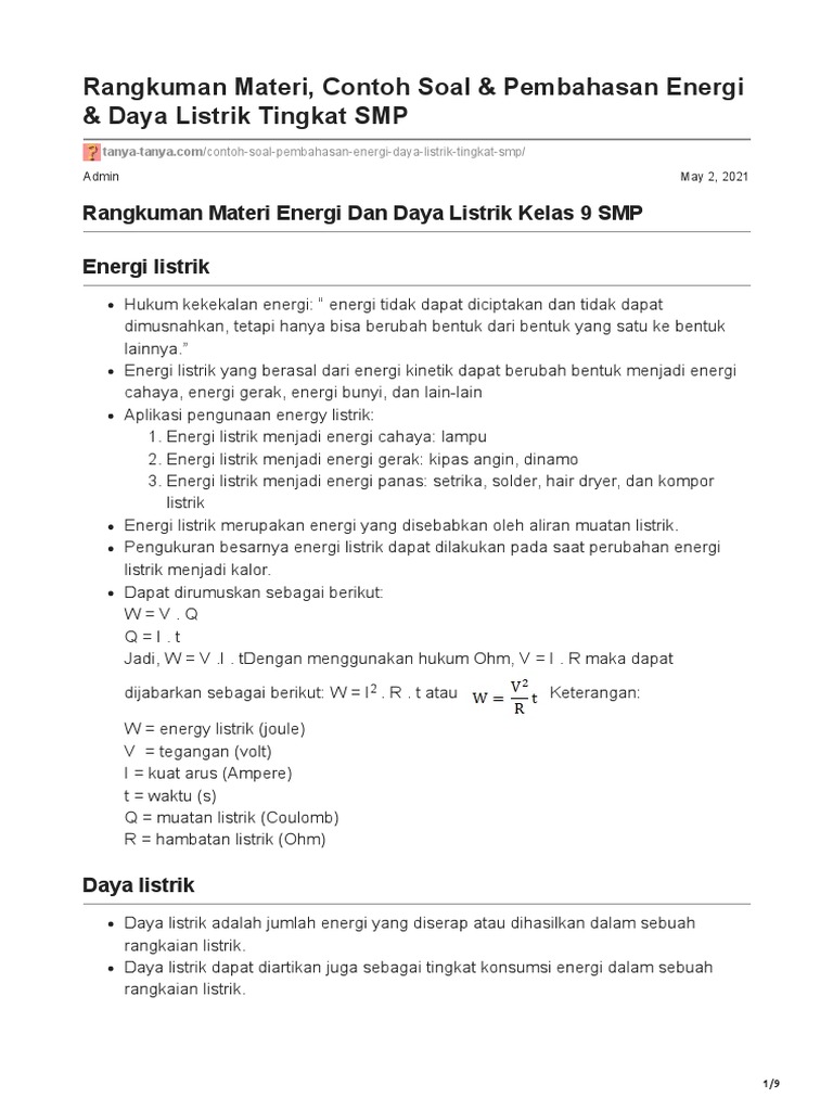 Rangkuman Materi Contoh Soal Pembahasan Energi Daya Listrik Tingkat SMP ...