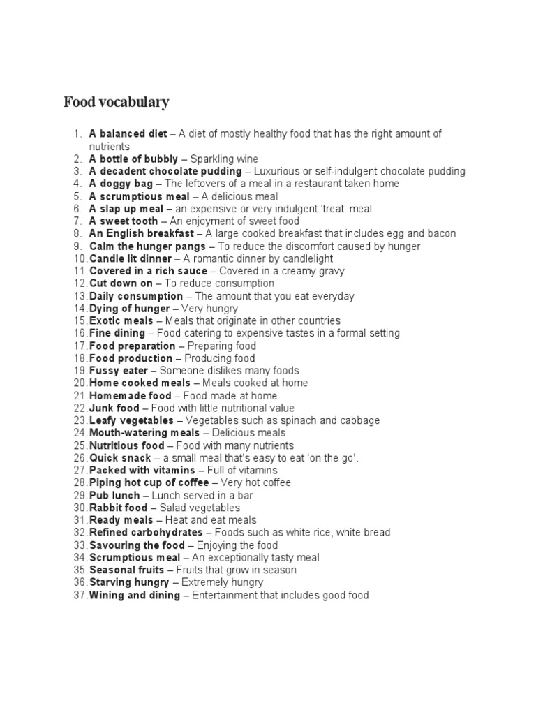 Speaking Vocabulary For Food and Nutrition | PDF | Meal | Foods