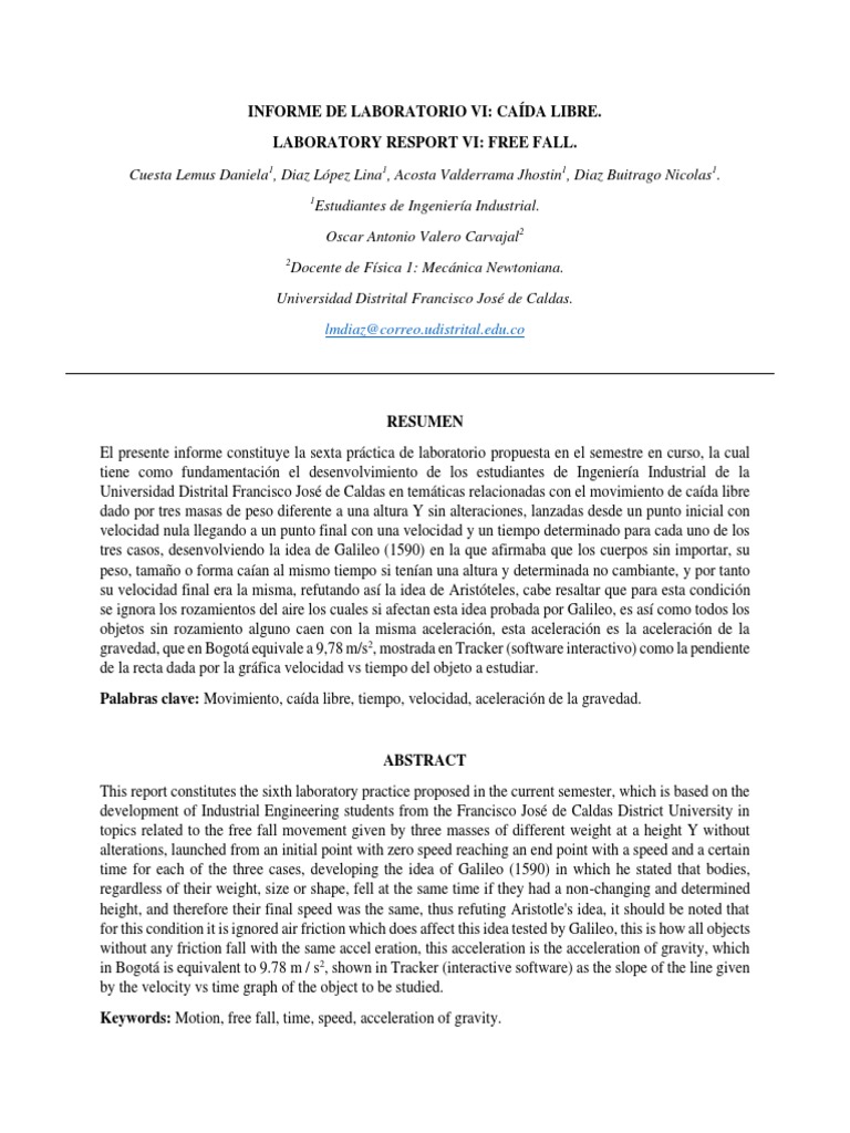 Caida Libre (Informe de Laboratorio VI) | PDF | Velocidad | Cinemática