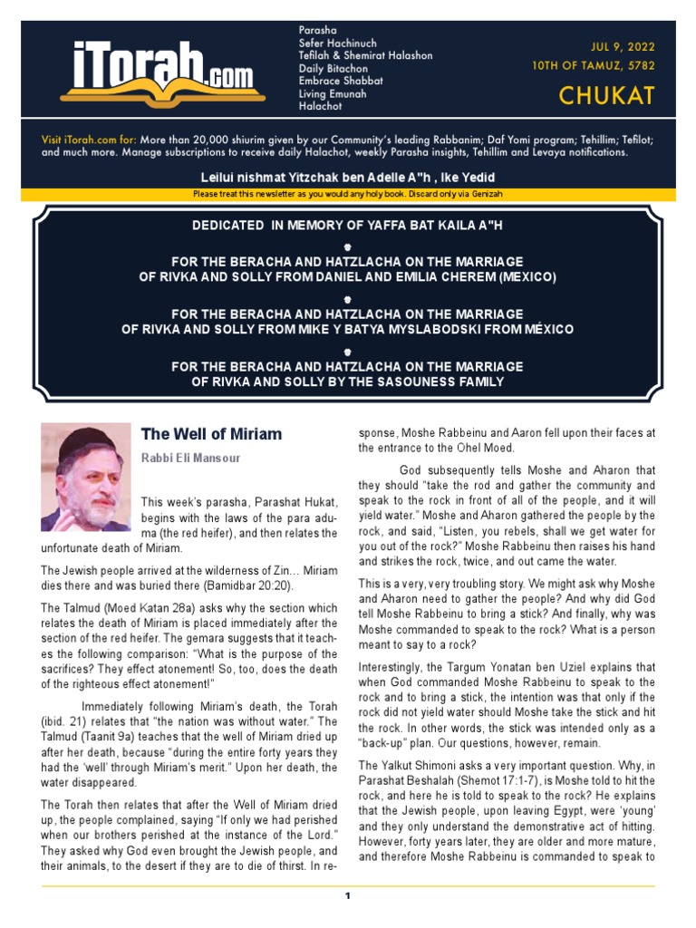 Itorah Newsletter - Jul 9 2022 | PDF | Torah | Miriam