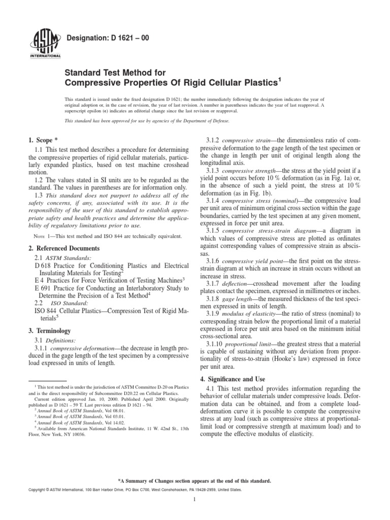 Compressive Properties of Rigid Cellular Plastics: Standard Test Method ...