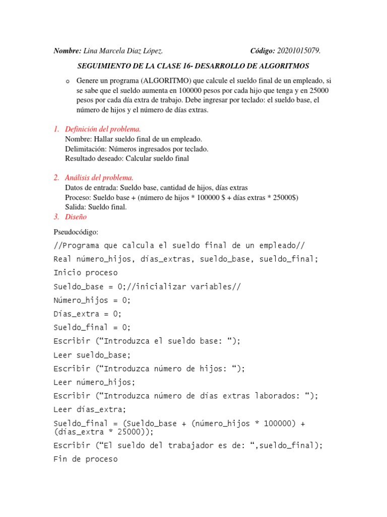 Seguimiento de Clase 16 (20201015079) | PDF | Algoritmos | Salario